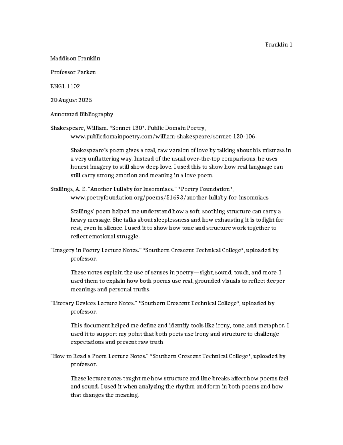 Final Annotated Bibliography for Poetry ENGL 1102 - Studocu