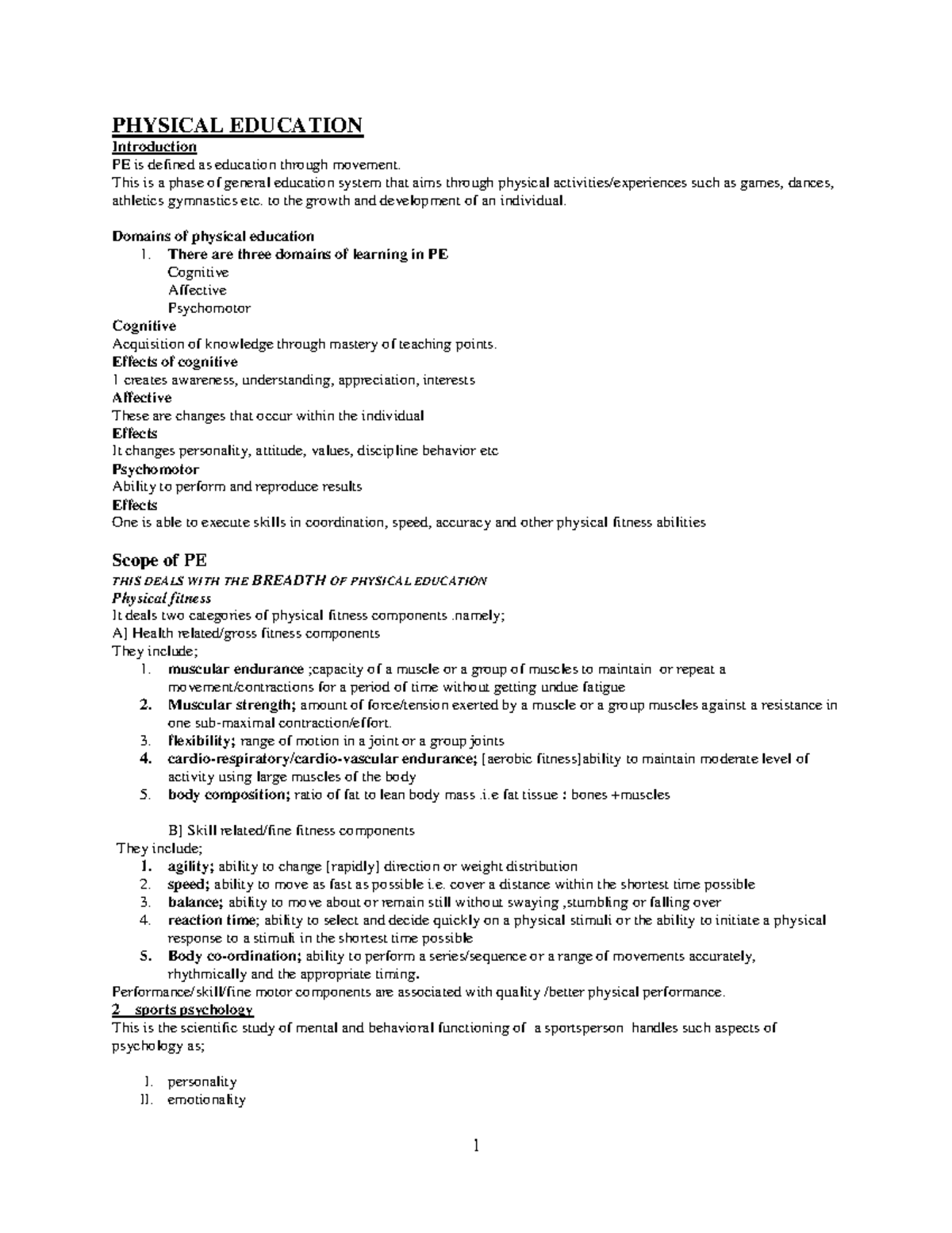 Physical Education Notes MR Kennedy: Key Concepts and Scope of PE - Studocu