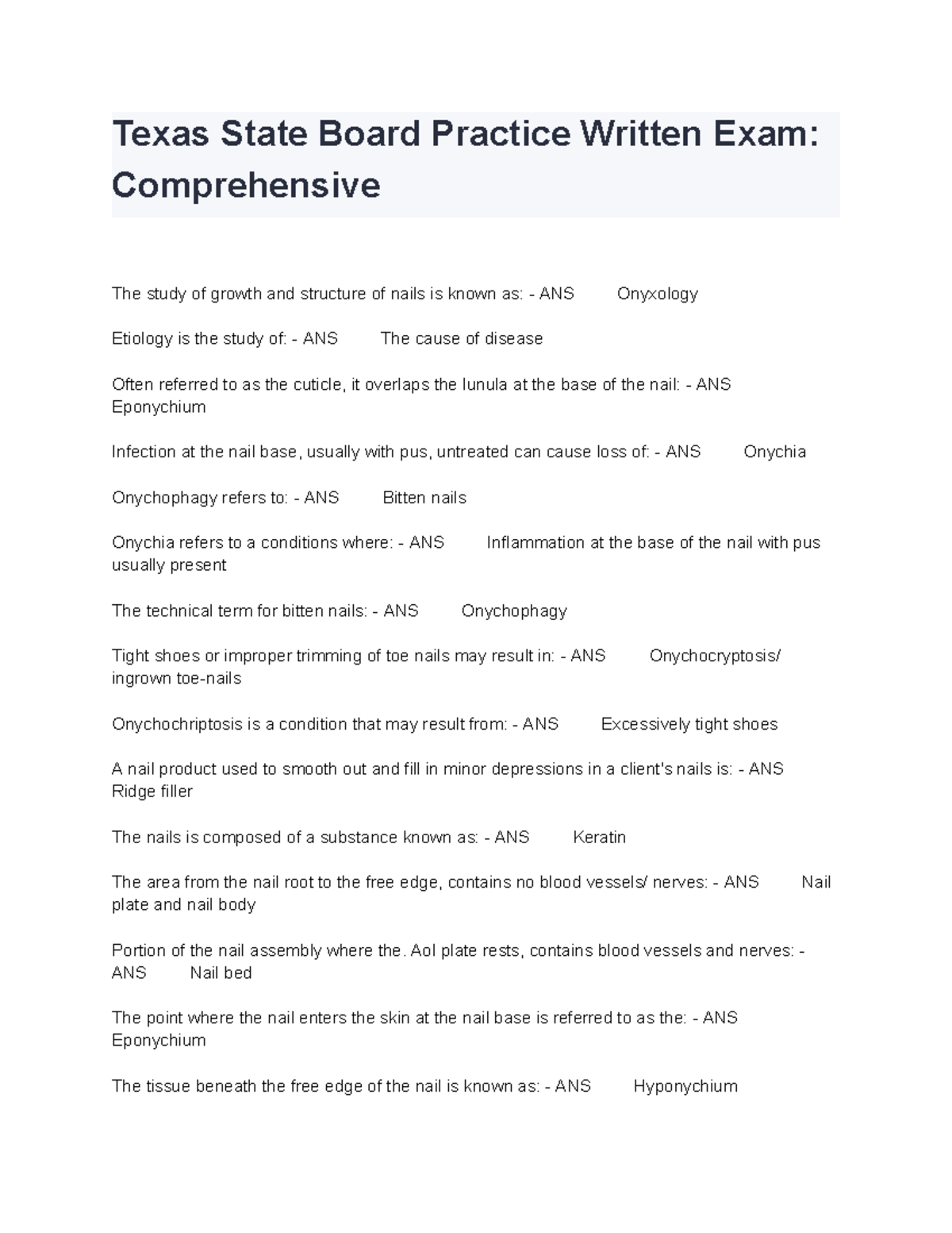 Texas State Board - Comprehensive Nail Technician Practice Exam 2024 ...