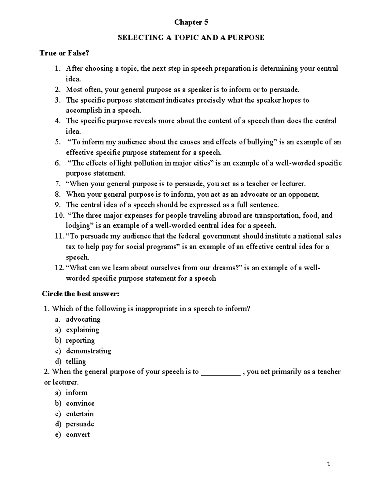 Chapter 5 - Selecting a Topic and Purpose: True or False Test Bank ...