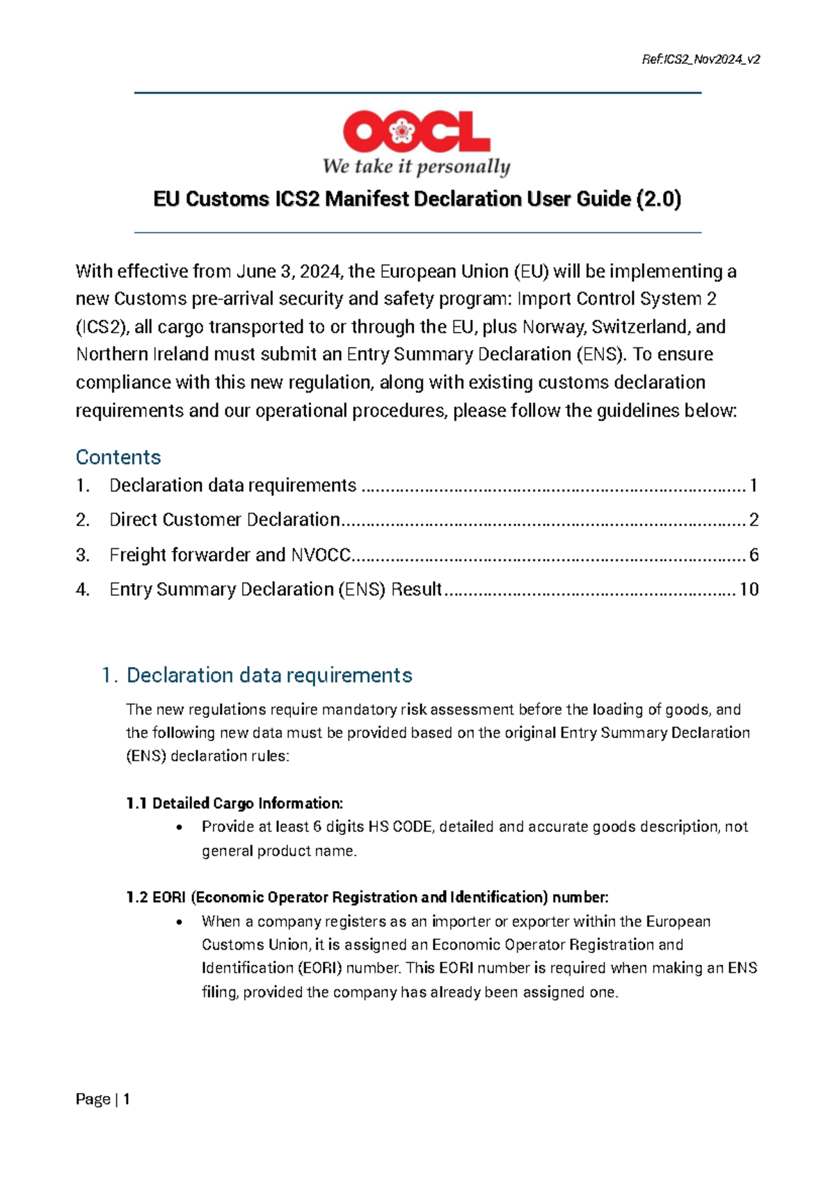 EU Customs ICS2 Manifest Declaration User Guide v2.0 - Effective June ...
