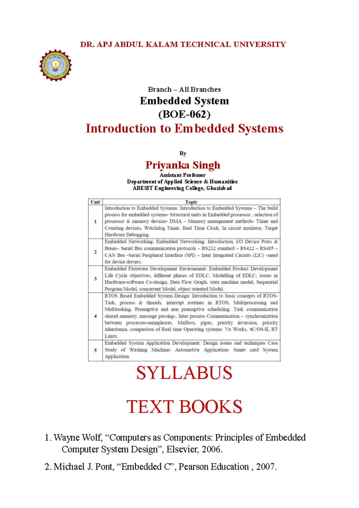 AKTU Embedded Systems Introduction - Lecture Notes - Studocu