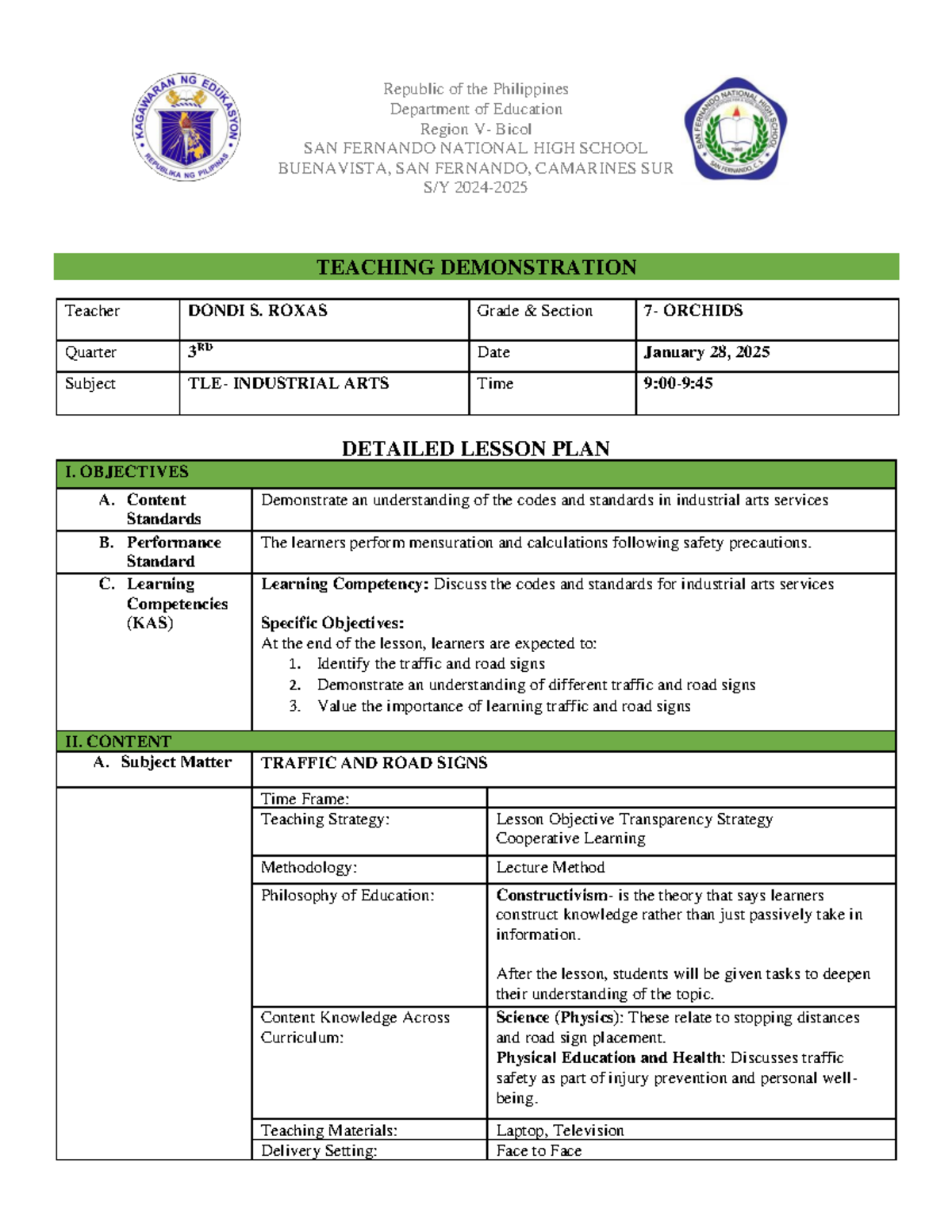 DLP 2 - Lesson Plan on Traffic and Road Signs for TLE 7 - Studocu