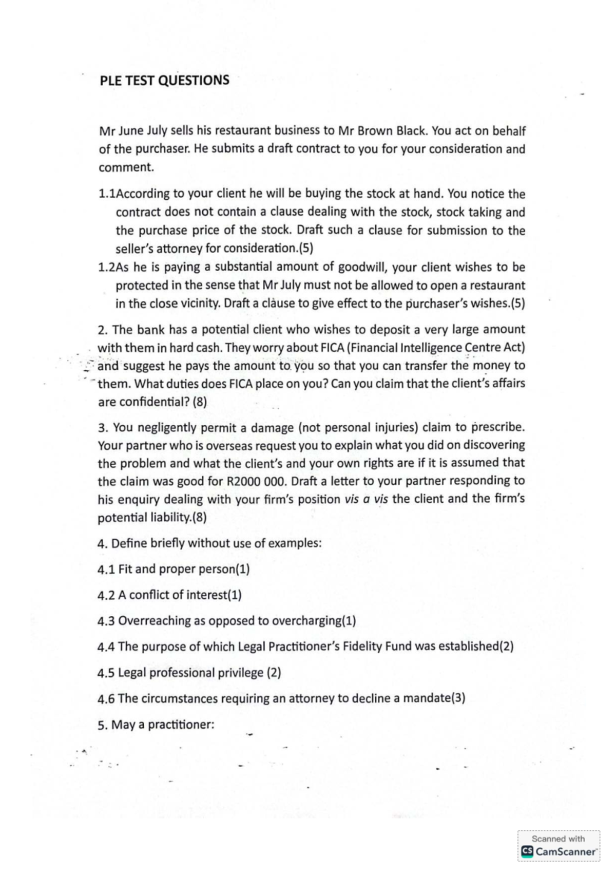 PLE TEST QUESTIONS: Drafting Clauses & Legal Concepts Analysis - Studocu