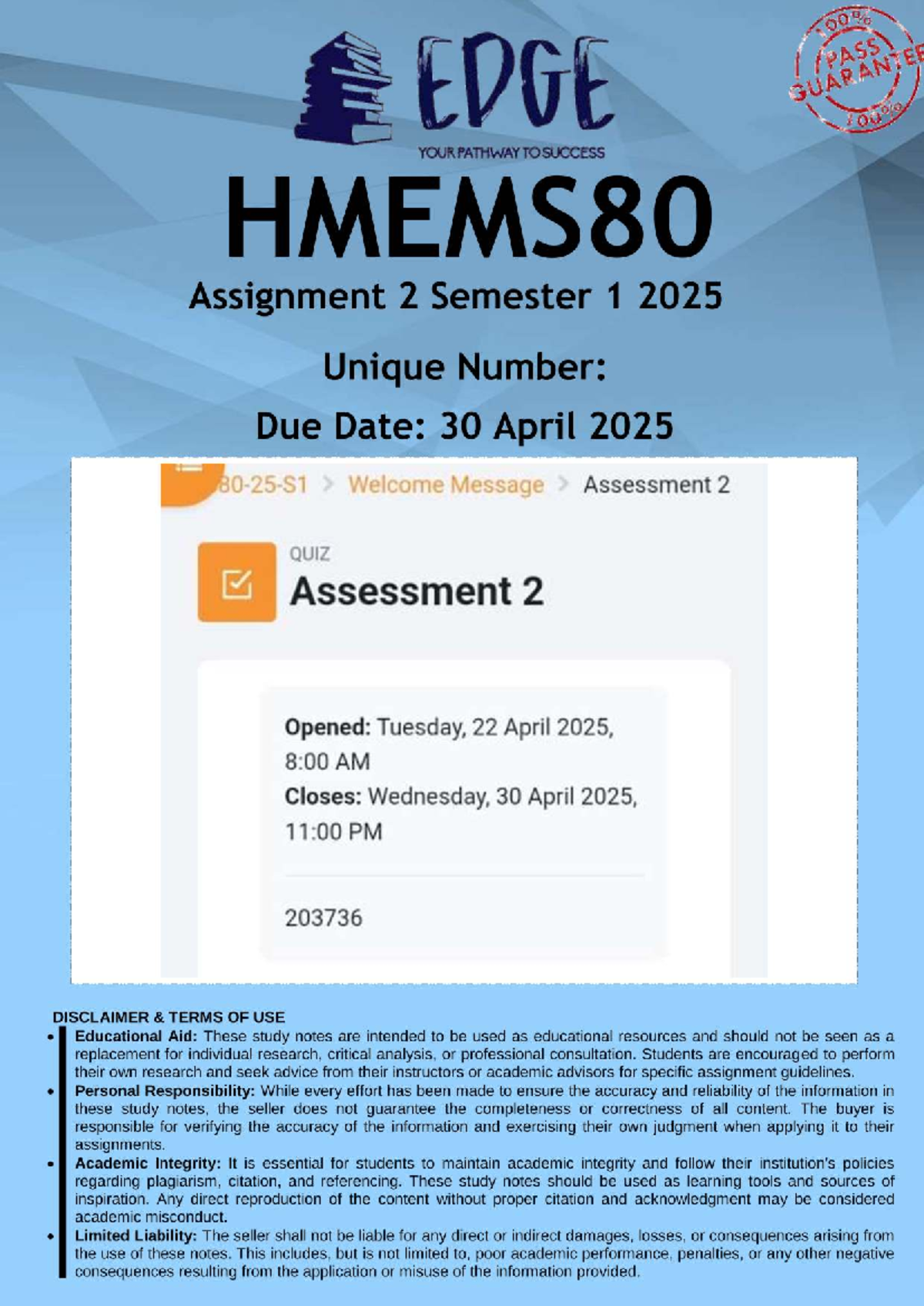 HMEMS80 Assignment 2 QUIZ MEMO Semester 1 2025 - EDGE YOUR PATHWAY TO ...