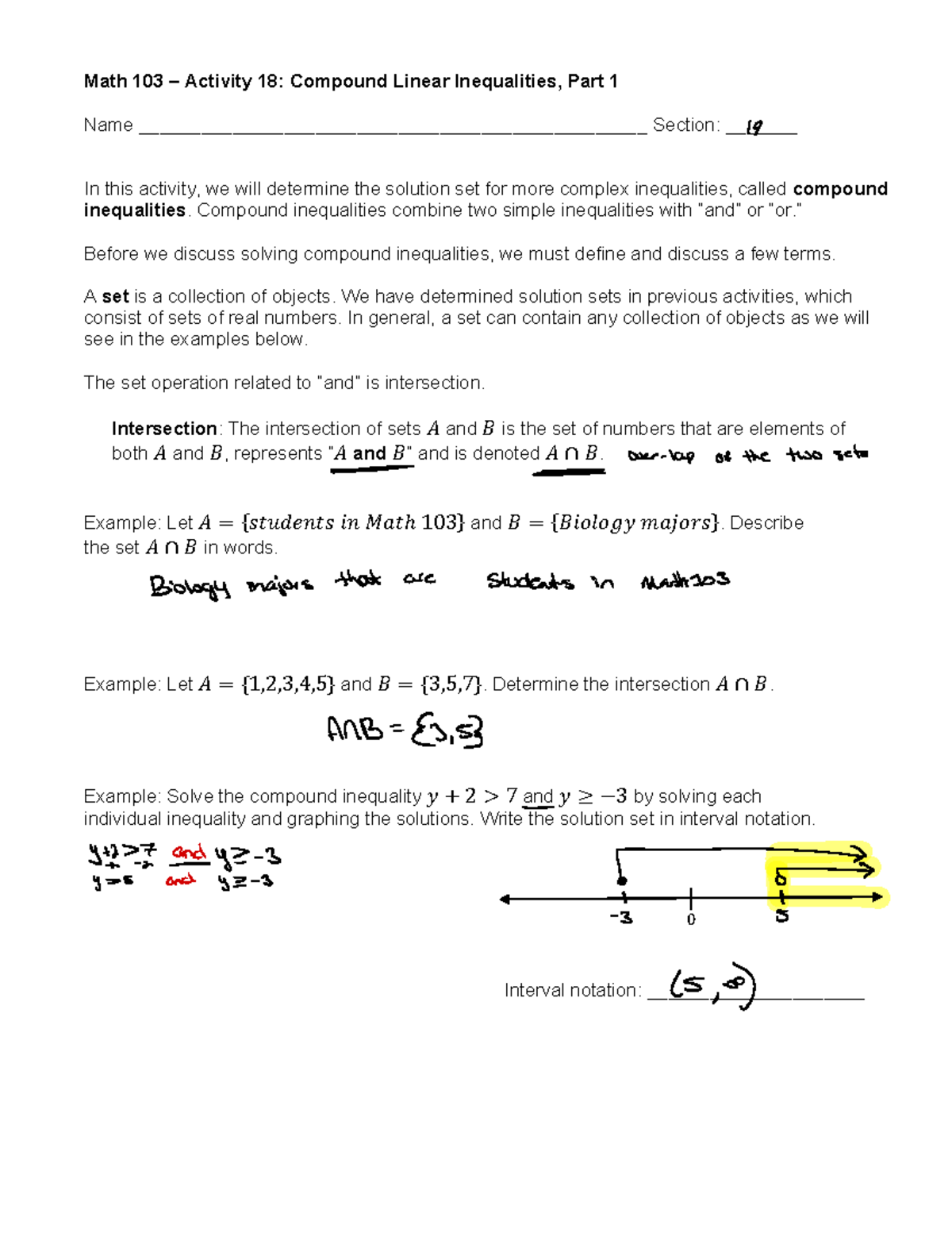 Math 103 - Activity 18: Understanding Compound Linear Inequalities - Studocu