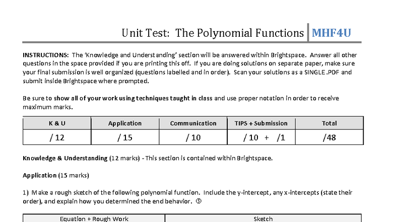 Unit Test: Polynomial Functions MHF4U - September 2022 Version A - Studocu