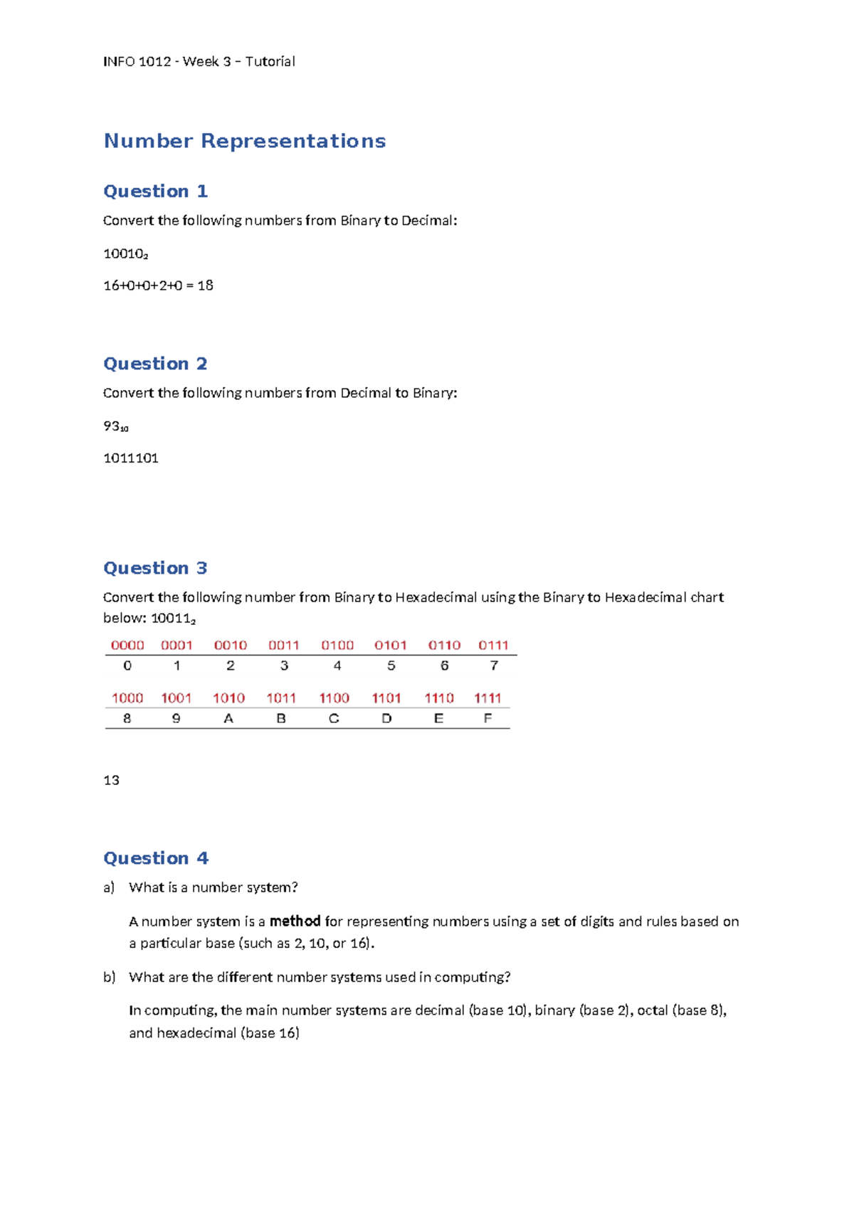 INFO 1012 Week 3 Tutorial: Number Representations Exercises - Studocu