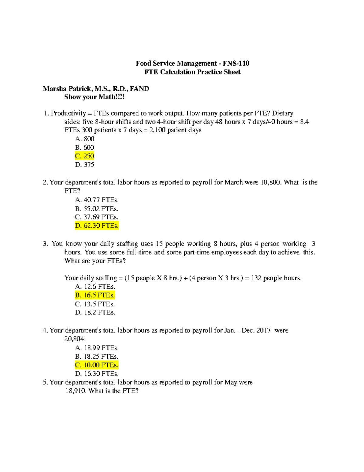 FNS - FTE Calculation Practice Sheet with Sample Answers - Studocu