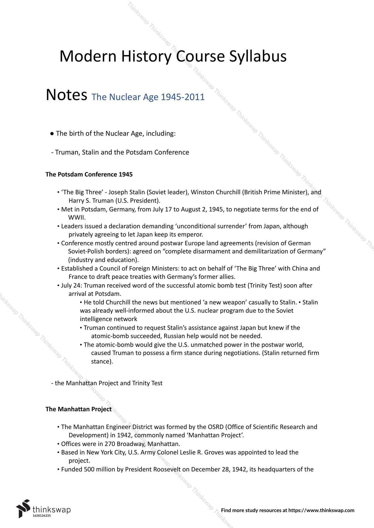 Modern History: Nuclear Age Overview (HIST 101 Syllabus Notes) - Studocu