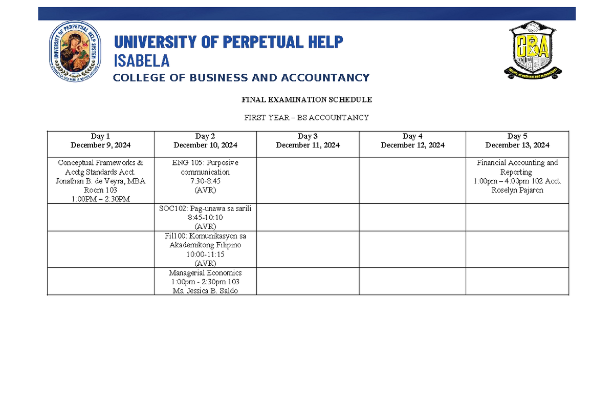 BSA 1ST SEM 2024-2025 FINAL EXAMINATION SCHEDULE - Studocu