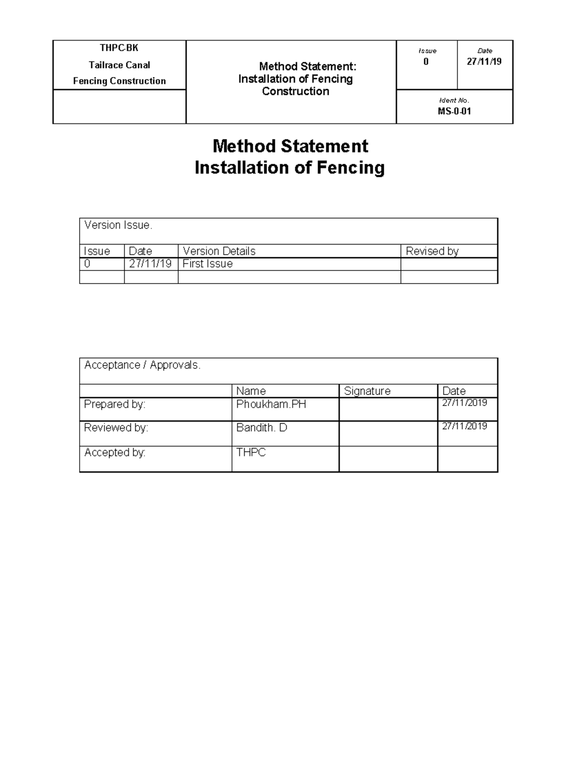439922462 Method Statement for Fencing Installation at Tailrace Canal ...