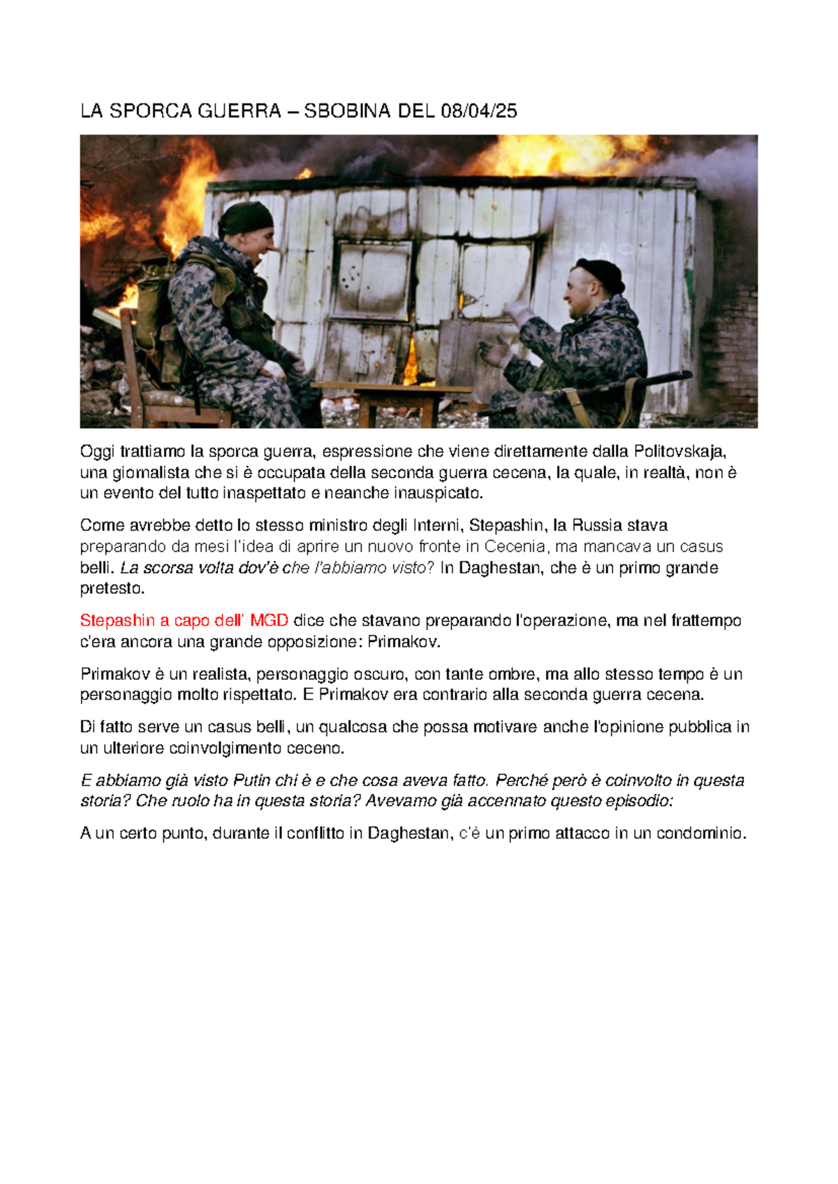 LA SPORCA GUERRA: L'ASCESA DI PUTIN E LA SECONDA GUERRA CECENA - Studocu