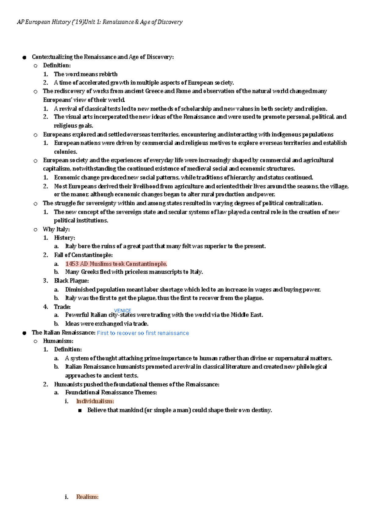 AP European History 1: Unit 1 Notes on Renaissance & Age of Discovery ...