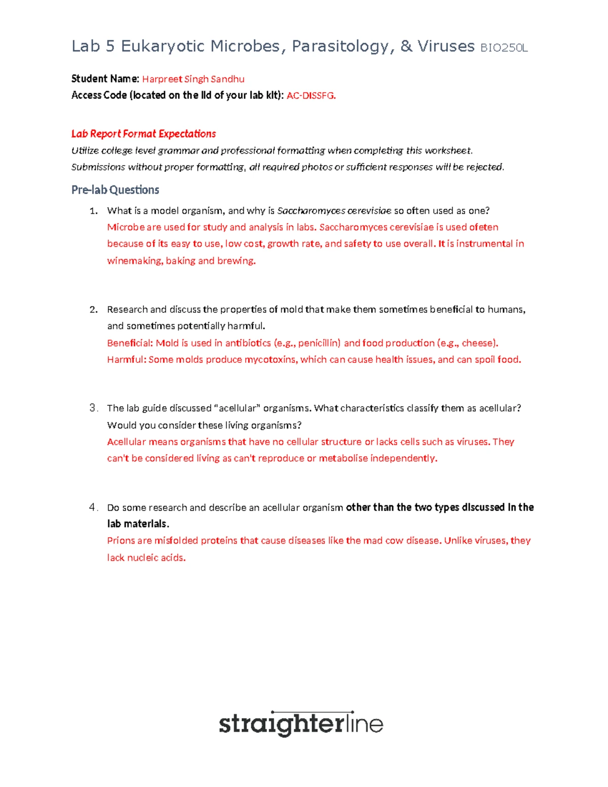 BIO250 Lab 6 - Complete DOC - Student Name: Harpreet Singh Sandhu. Access Code (located on the ...