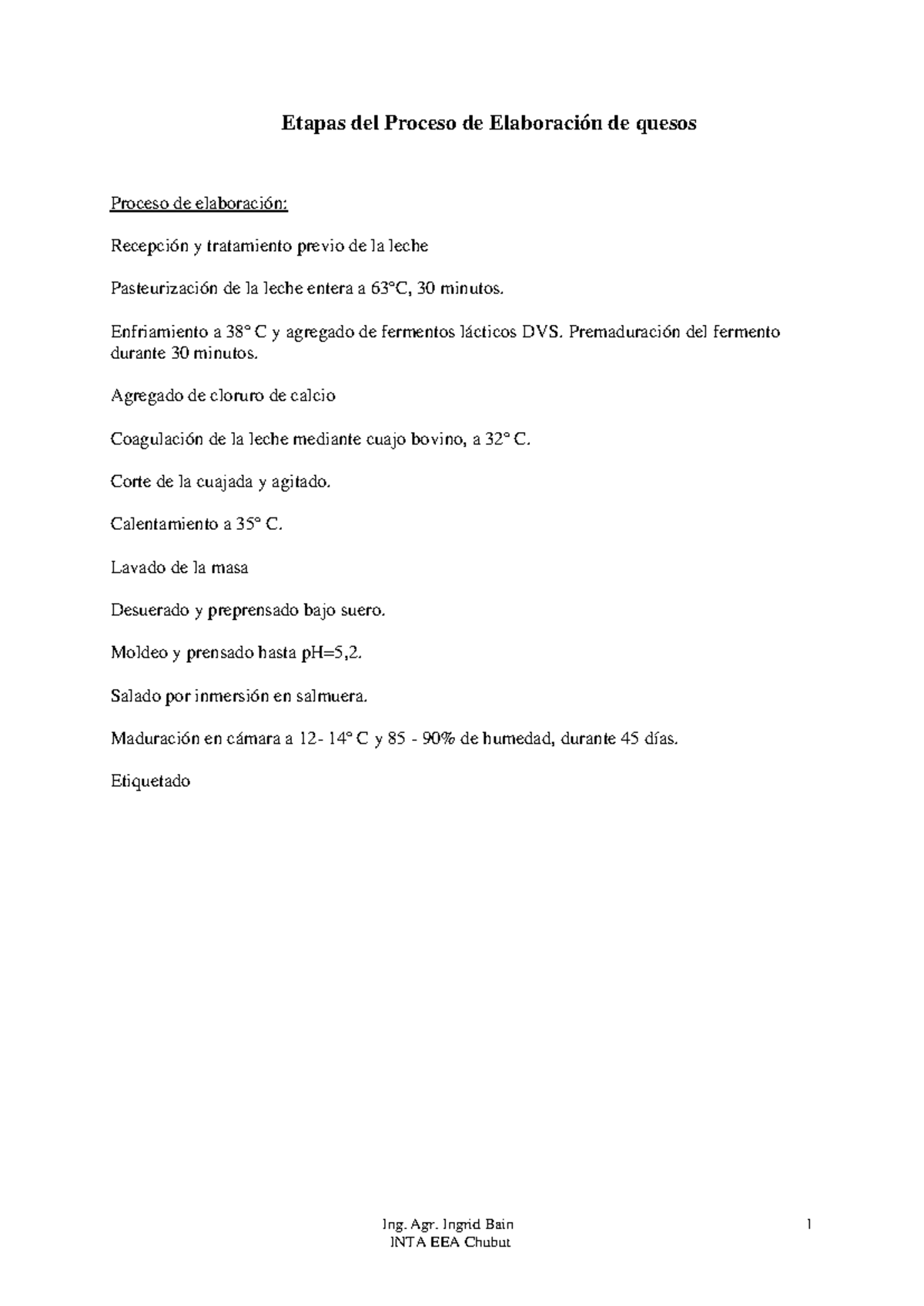 Etapas del Proceso de Elaboración de Quesos - INTA EEA Chubut - Studocu
