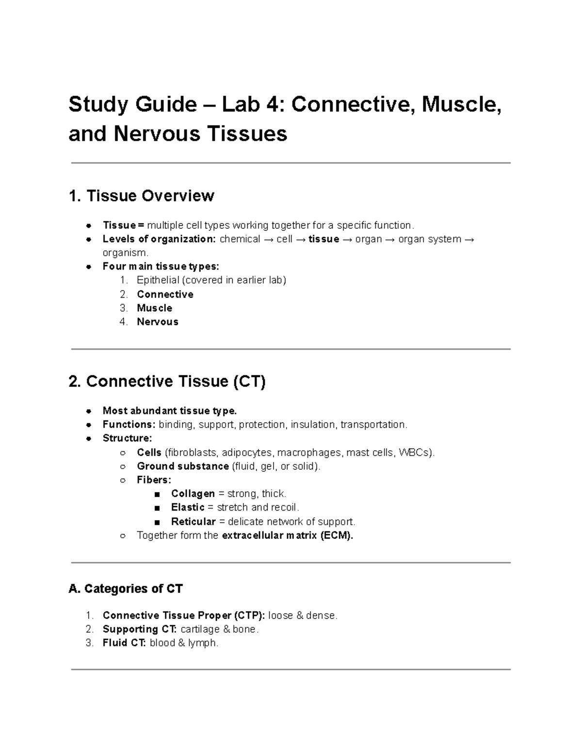 Study Guide - Lab 4: Connective, Muscle, & Nervous Tissues Overview ...