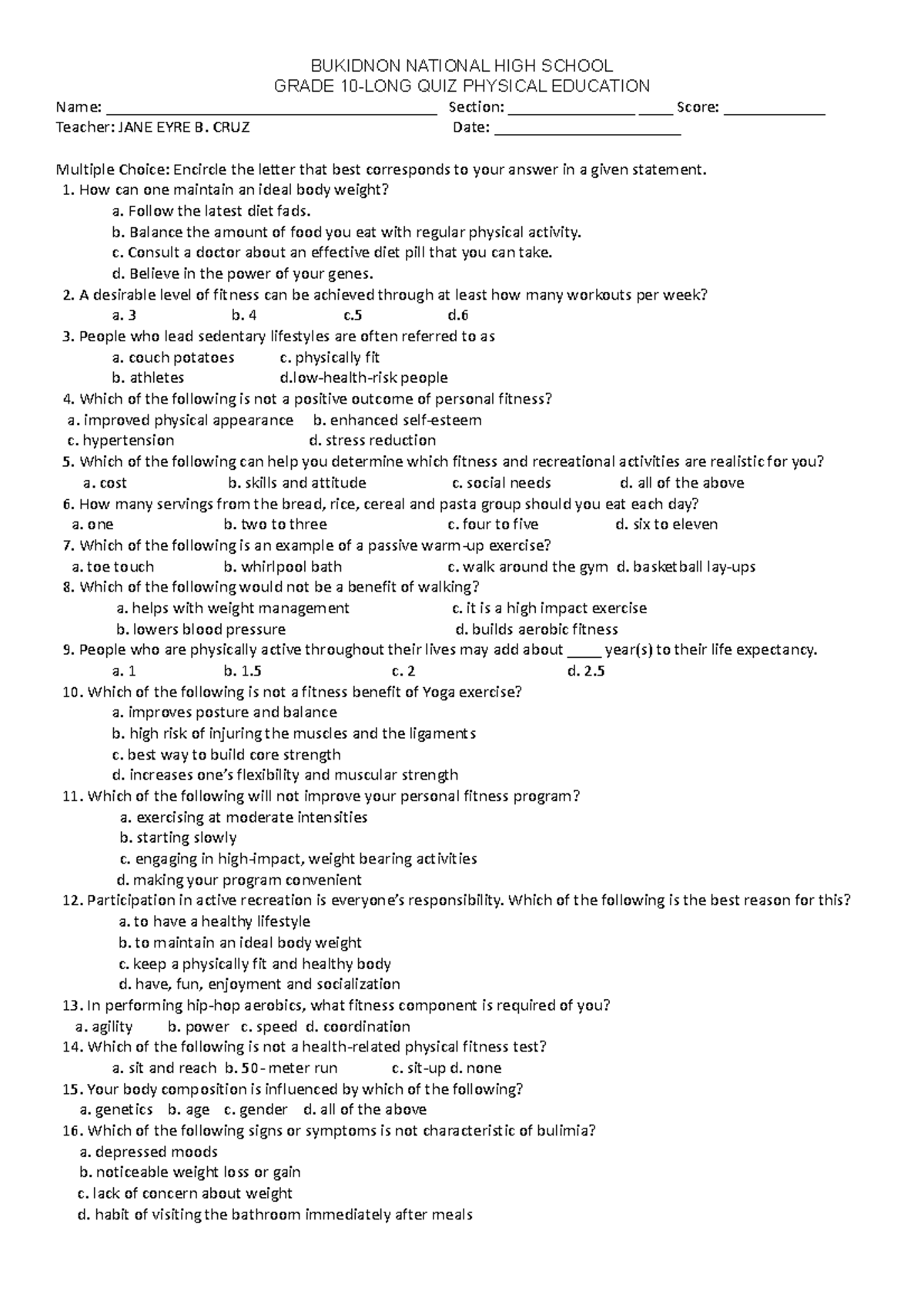 Long Quiz PE G10 - Comprehensive Physical Education Assessment - Studocu