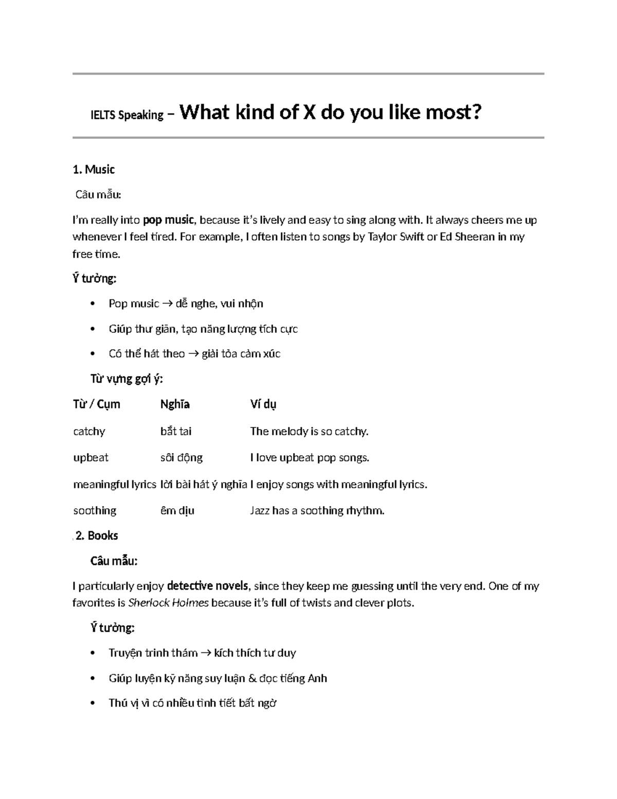 📘 IELTS Speaking – Favorite Things: Music, Books, Movies & More - Studocu