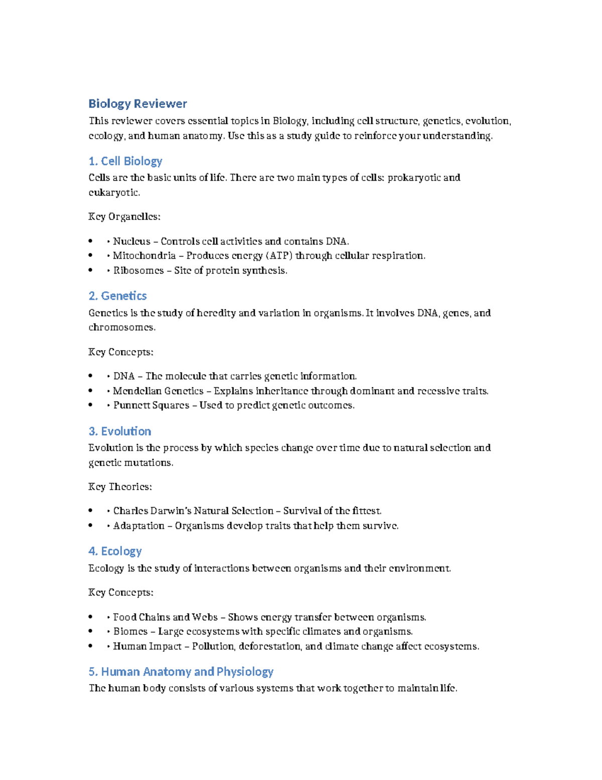 Biology 101 Final Exam Reviewer: Key Concepts in Cell, Genetics ...