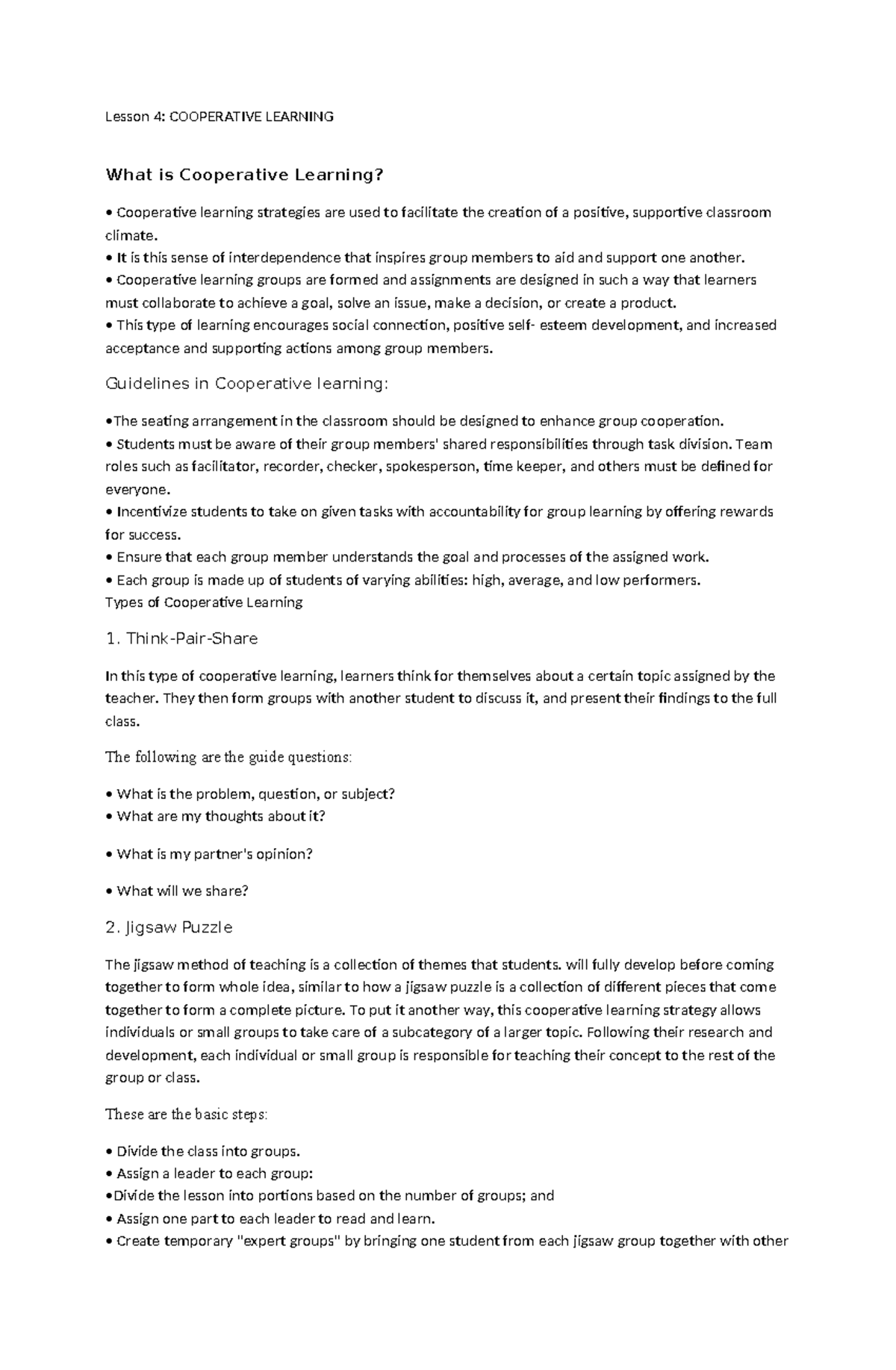 Lesson 4: Understanding Cooperative Learning Strategies - Studocu