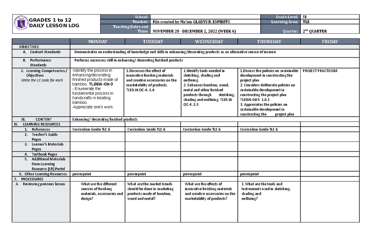 DLL TLE 6 Q2 W4 - Daily Lesson Log for TLE VI (Week 4) - Studocu