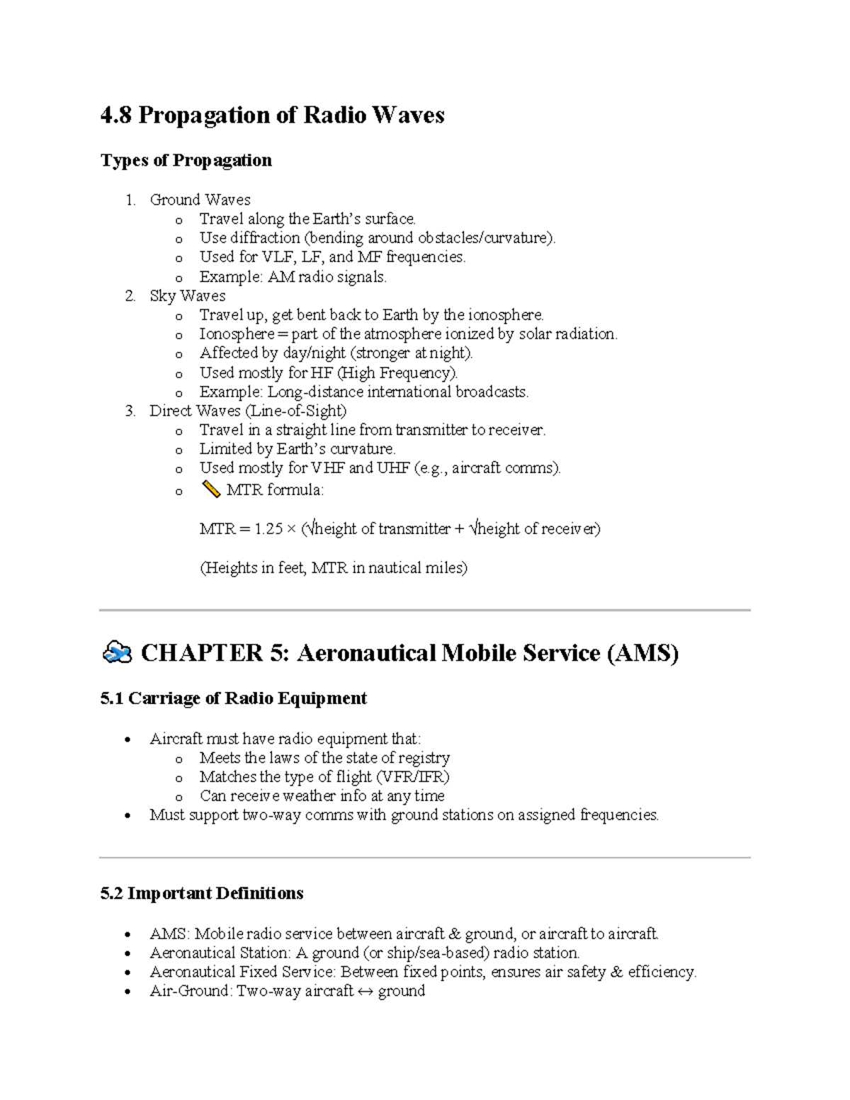 Radio Telephony Notes: Types of Wave Propagation & AMS Guidelines - Studocu