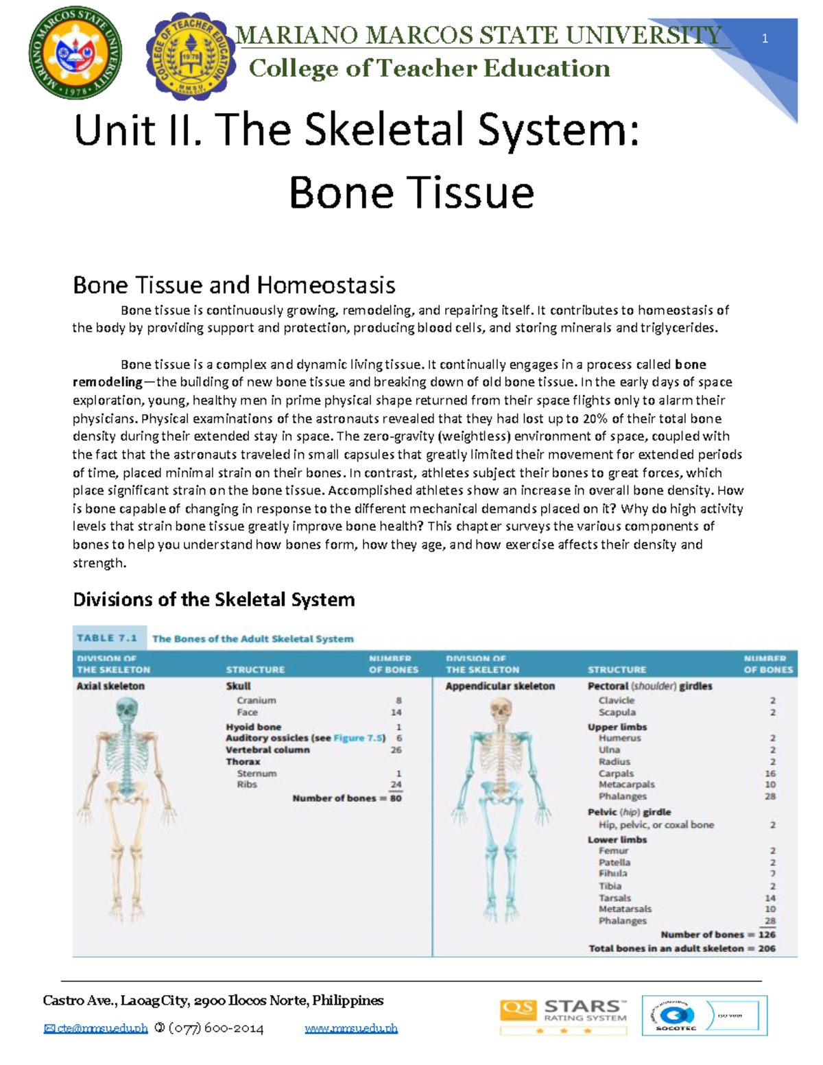 MARIANO MARCOS STATE UNIVERSITY CTE Unit II: The Skeletal System ...