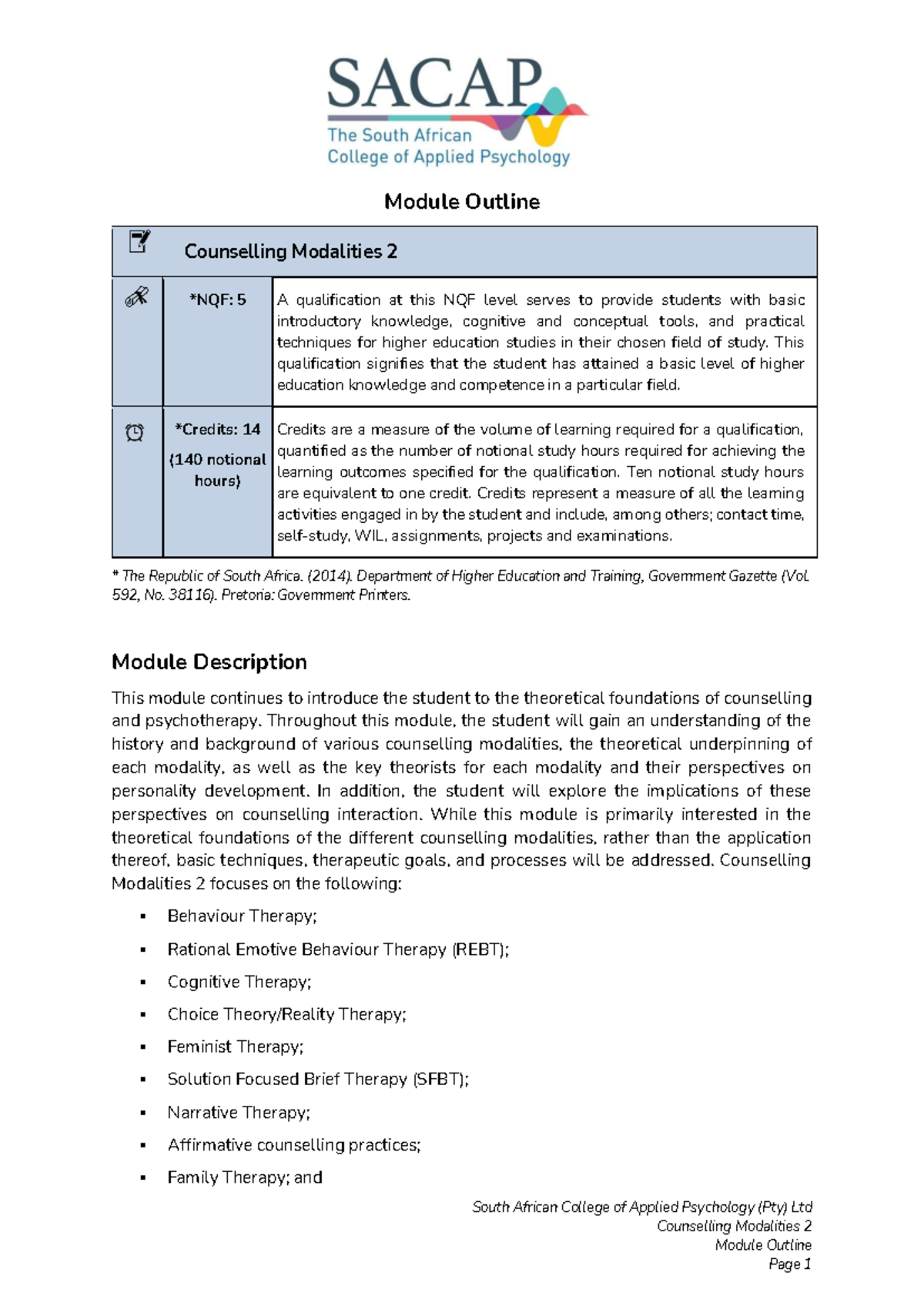Counselling Modalities 2 Module Outline - January 2025 - Studocu