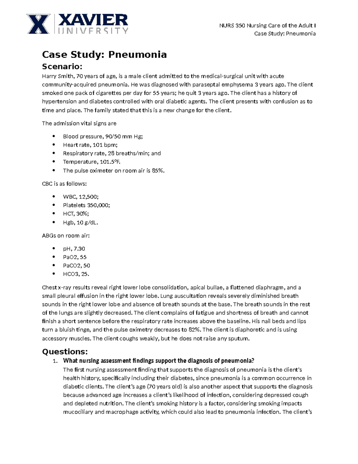 NURS 350 Case Study: Nursing Care for Adult Pneumonia Patient - Studocu