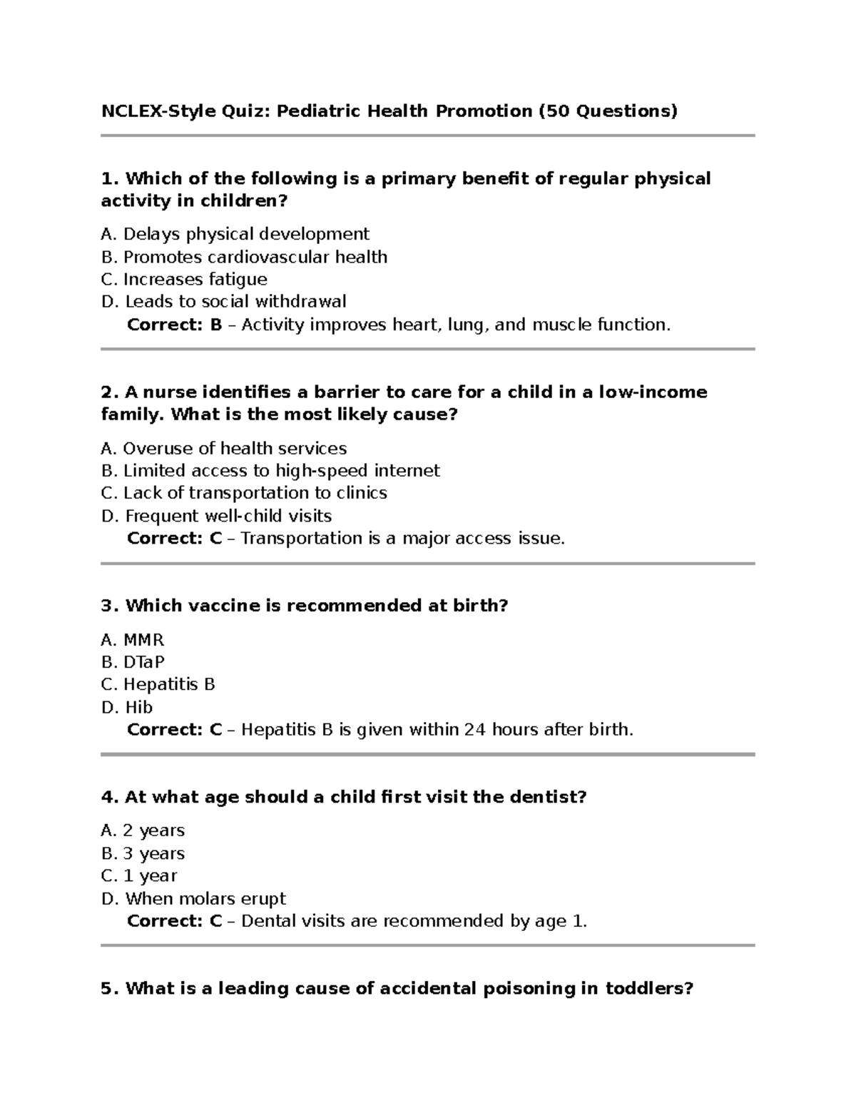 Quiz: NCLEX-Style Pediatric Health Promotion (50 Questions) - Studocu