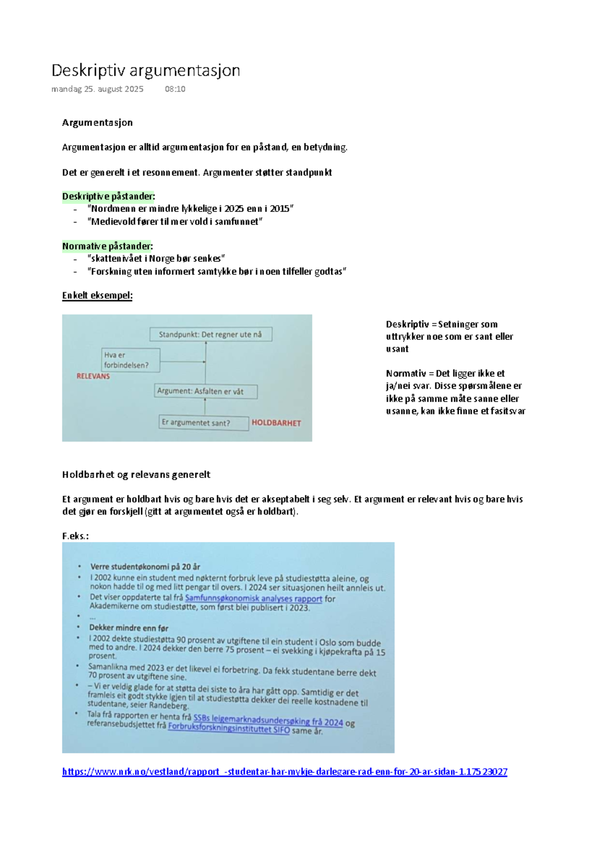 Deskriptiv Argumentasjon: En Analyse av Holdbarhet og Relevans - Studocu