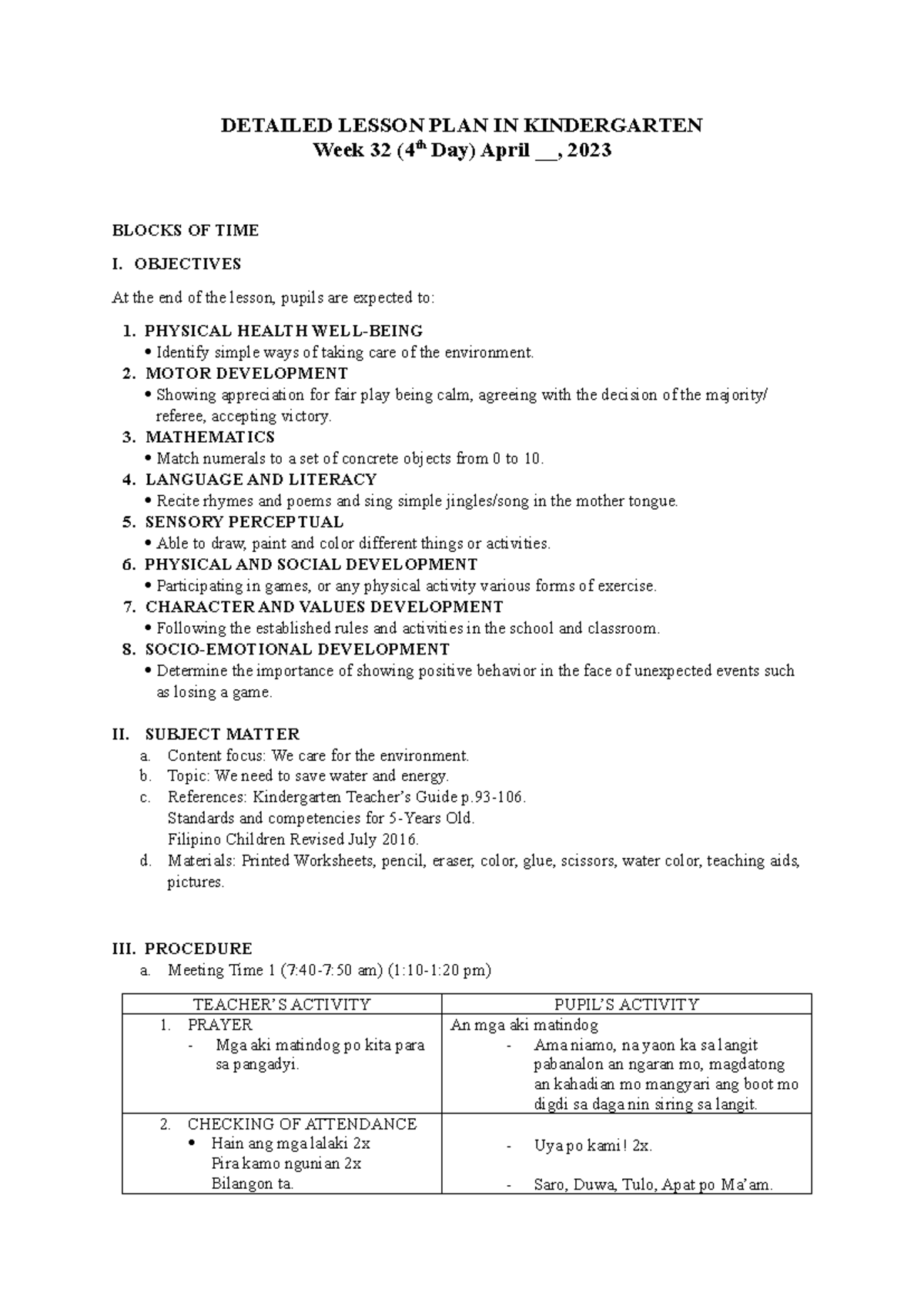 Detailed Lesson Plan for Kindergarten: Week 32 Activities - Studocu