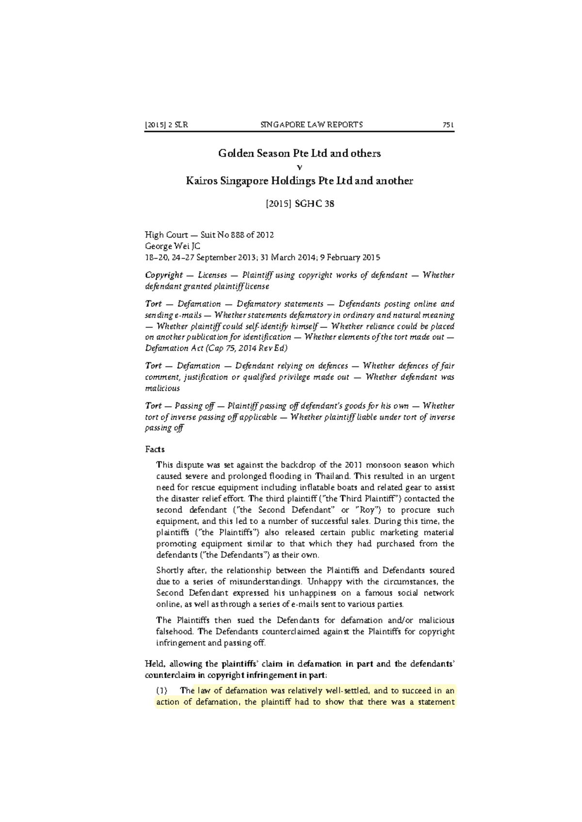 Golden Season Pte Ltd v Kairos Singapore Holdings Pte Ltd [2015] SGHC ...