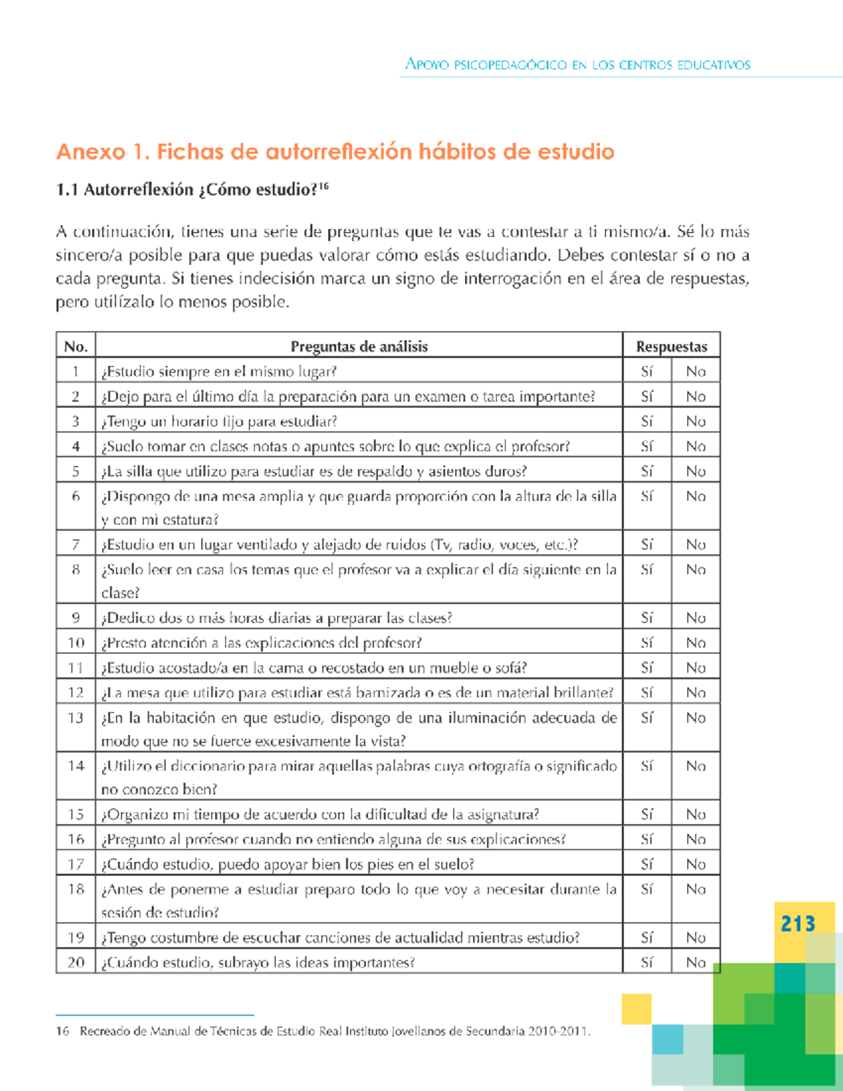 Fichas de Autorreflexión sobre Hábitos de Estudio: APOYO ...