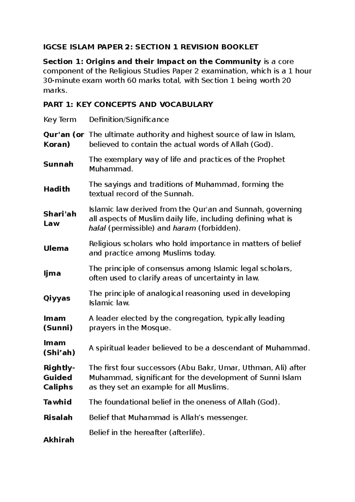 IGCSE ISLAM PAPER 2: SECTION 1 REVISION GUIDE - Studocu