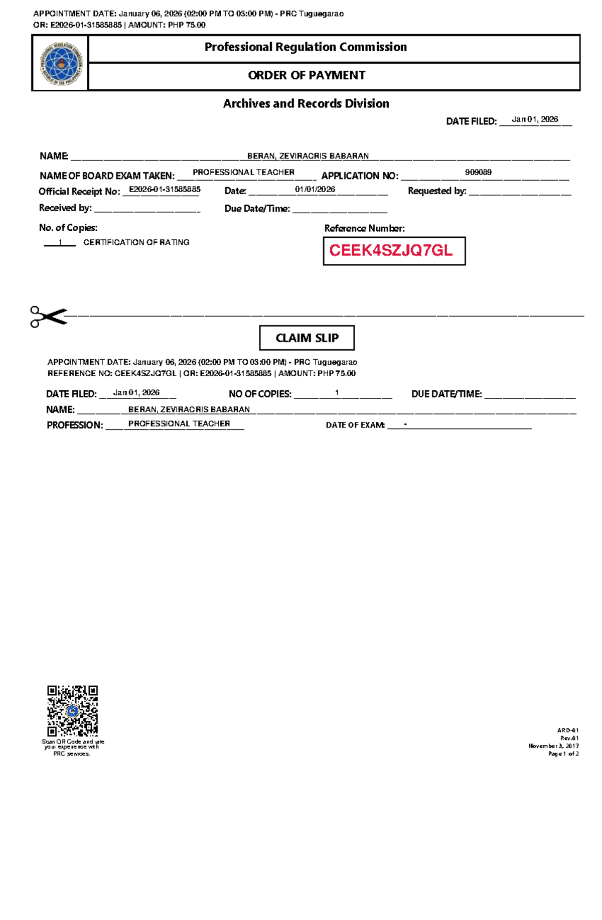 PRC Tuguegarao Appointment Confirmation - Jan 06, 2026 - Studocu