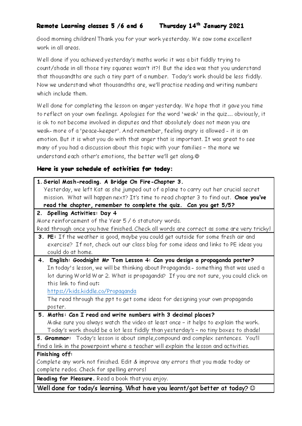 Remote Learning Lesson Plan for Classes 5 & 6 - 14th Jan 2021 - Studocu