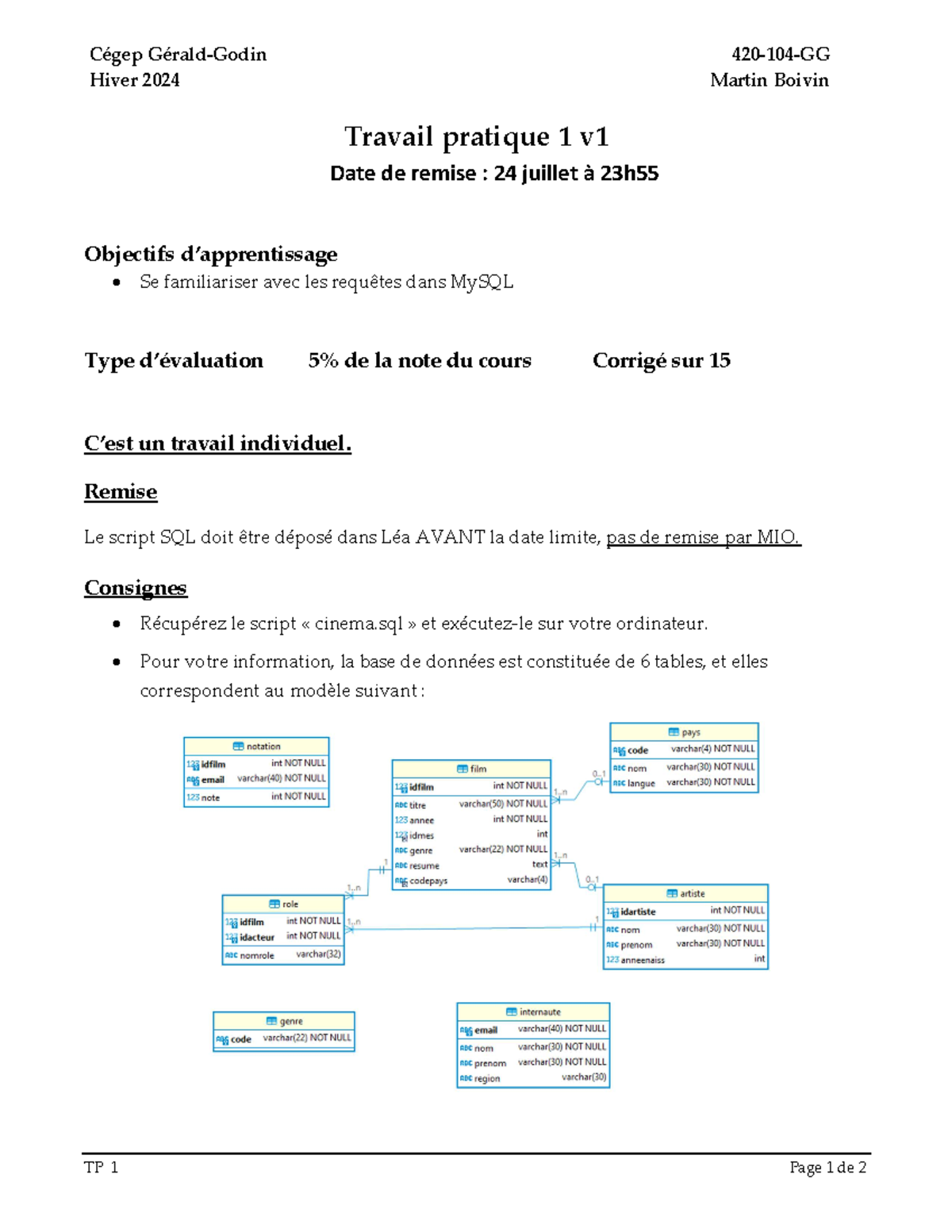 TP1 - Bases de données - Cégep Gérald-Godin 420 - 104 - GG Hiver 2024 ...