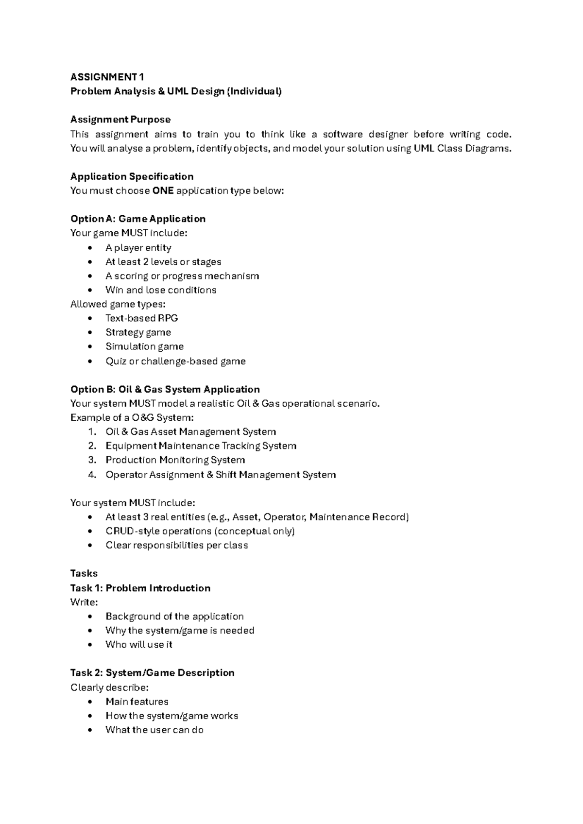 OOP UML Design Assignment 1: Problem Analysis & Application Specs - Studocu
