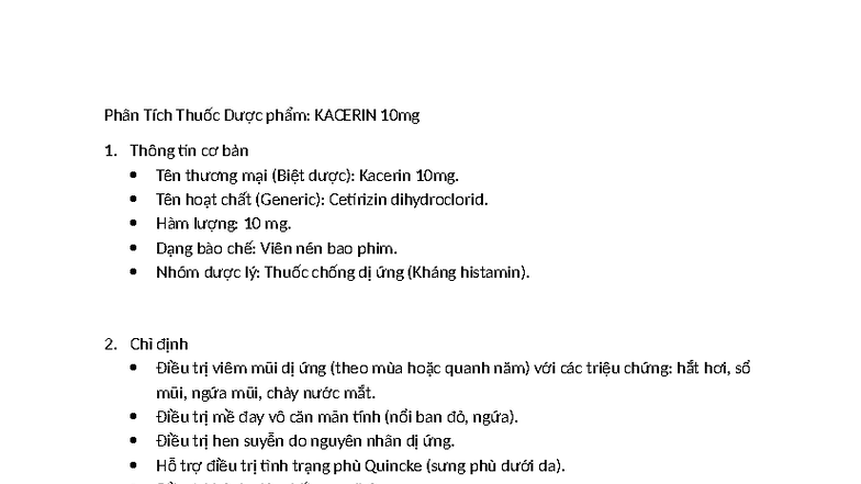 Kacerin 10mg: Thông Tin, Chỉ Định và Liều Dùng - Studocu
