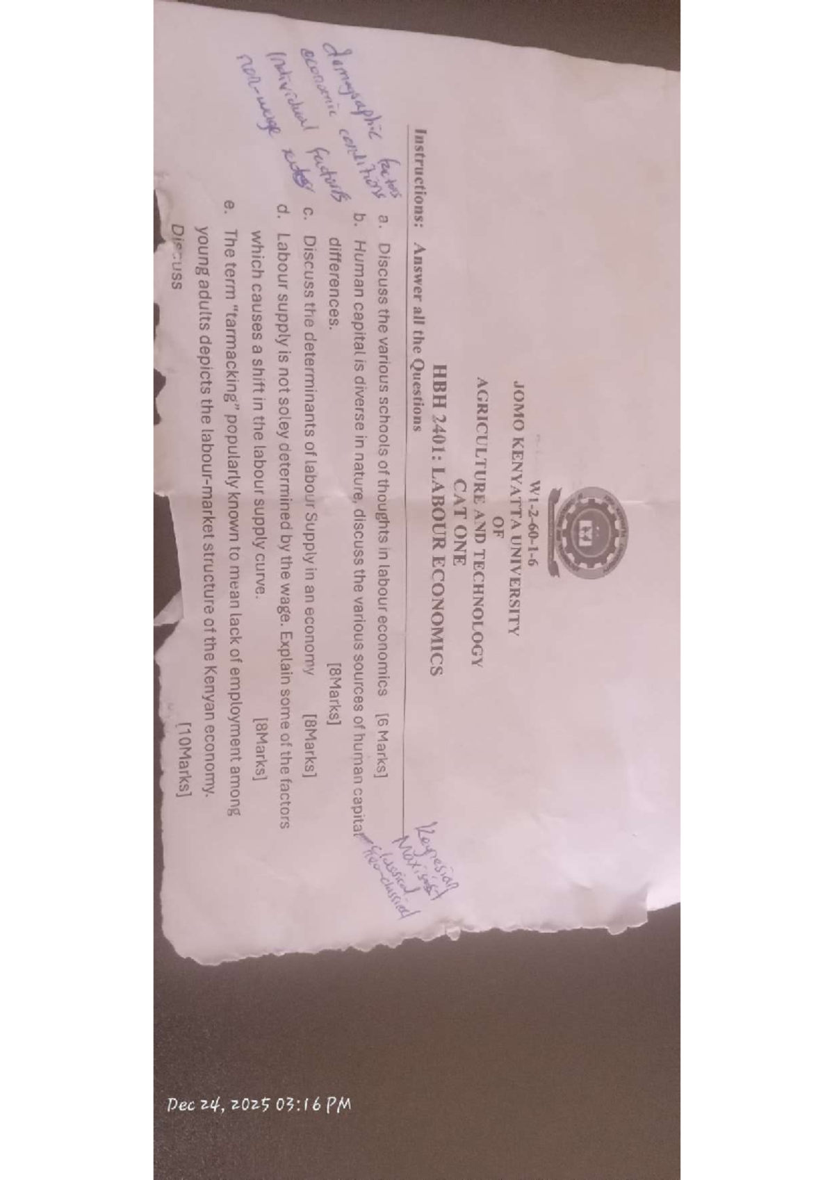 HBH 2401: Labour Economics - CAT ONE Study Notes - Studocu