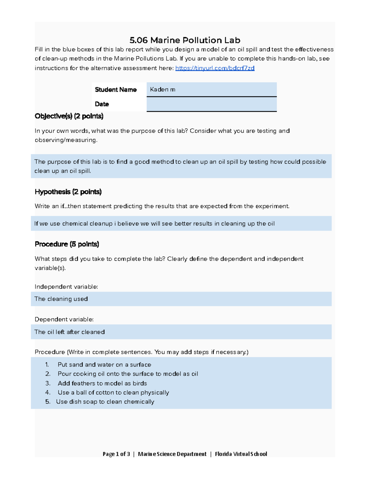 5.06 Marine Pollution Lab Report: Oil Spill Clean-Up Analysis - Studocu
