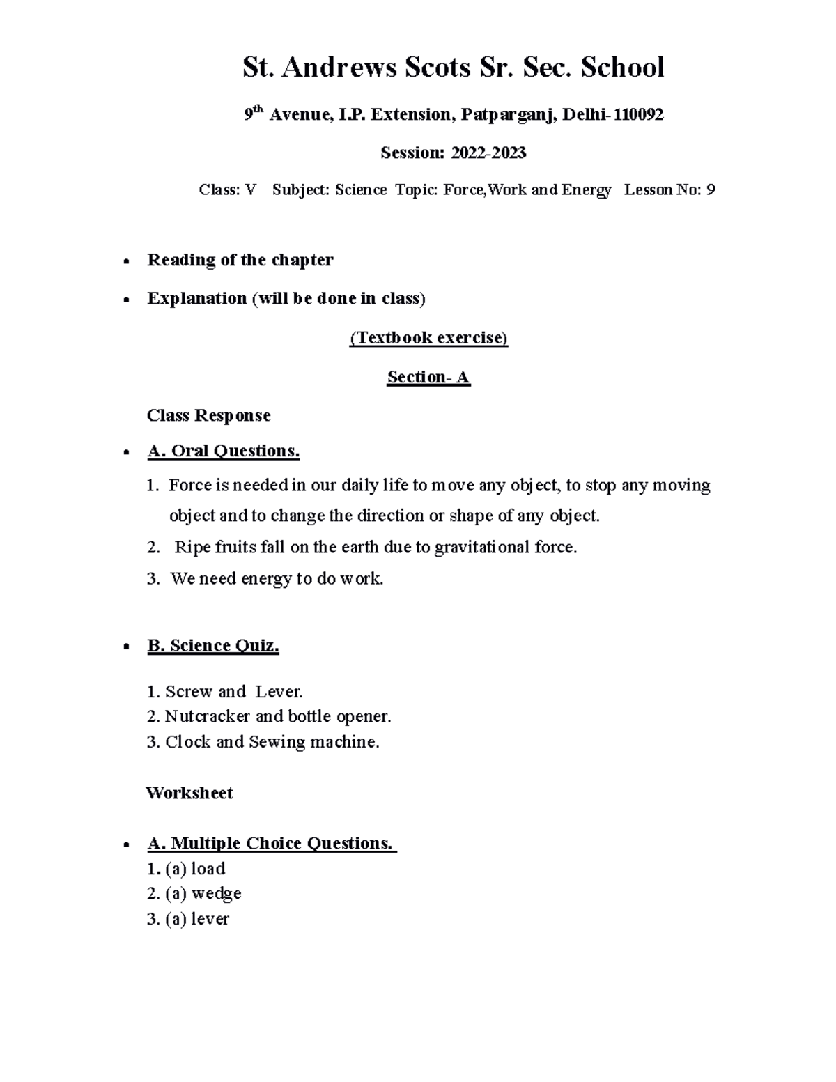 Science Lesson 9: Force, Work & Energy (Class V) - Studocu