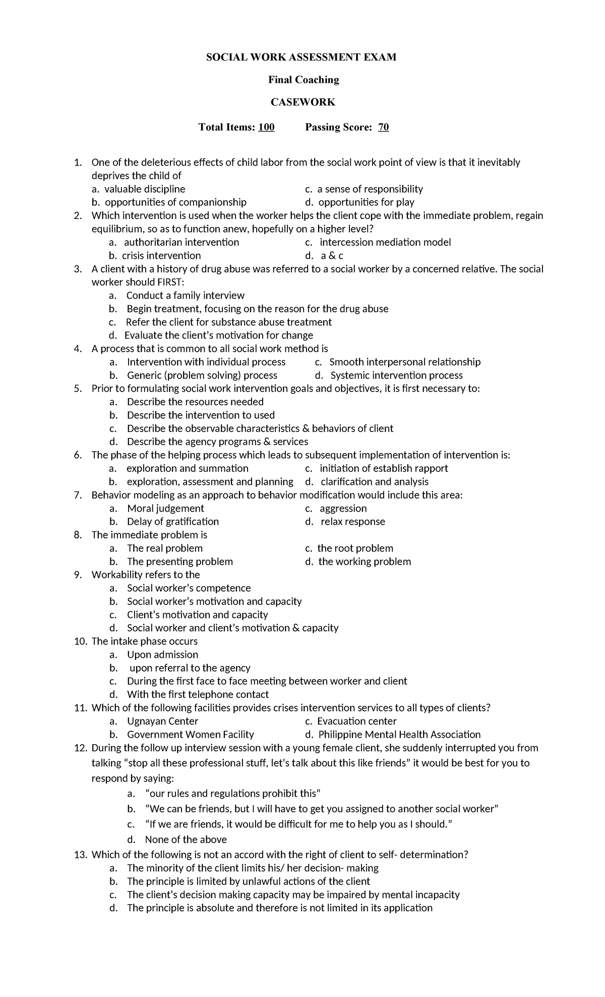 SOCIAL WORK ASSESSMENT EXAM (SW 101) Final Coaching Notes - Studocu