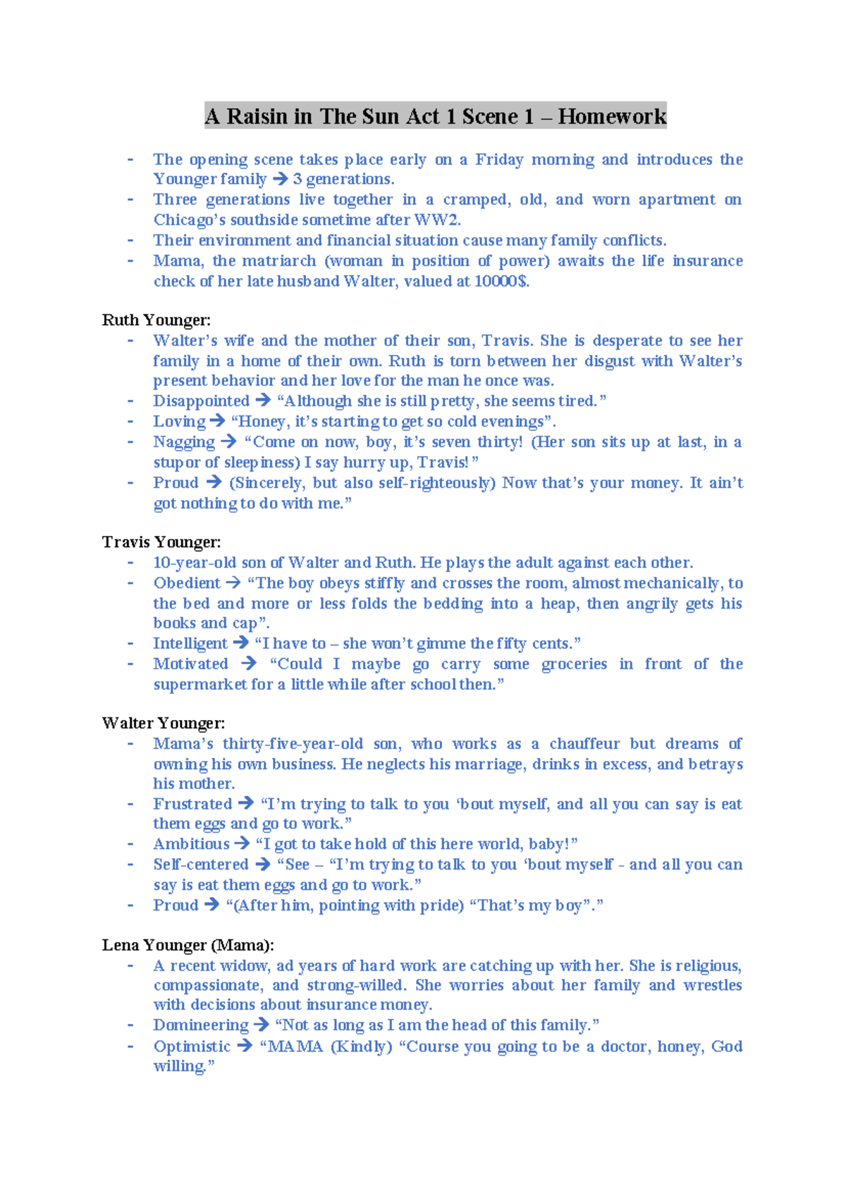 A Raisin in The Sun: Act 1 Scene 1 Analysis and Homework - Studocu