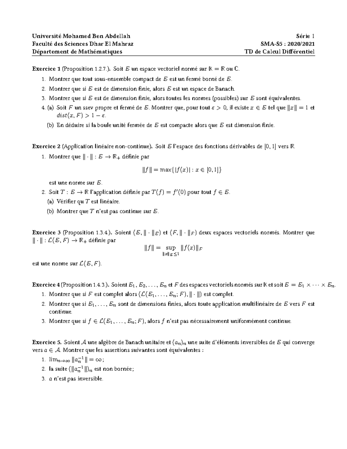 TD1 Calcul Différentiel - Exercice en Espace Vectoriel Normé - Studocu