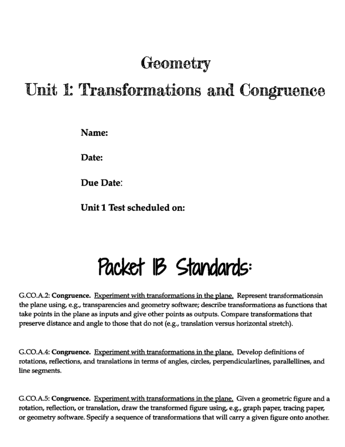 Geometry Unit 1 Test Review: Transformations & Congruence (G.CO.A.2 ...