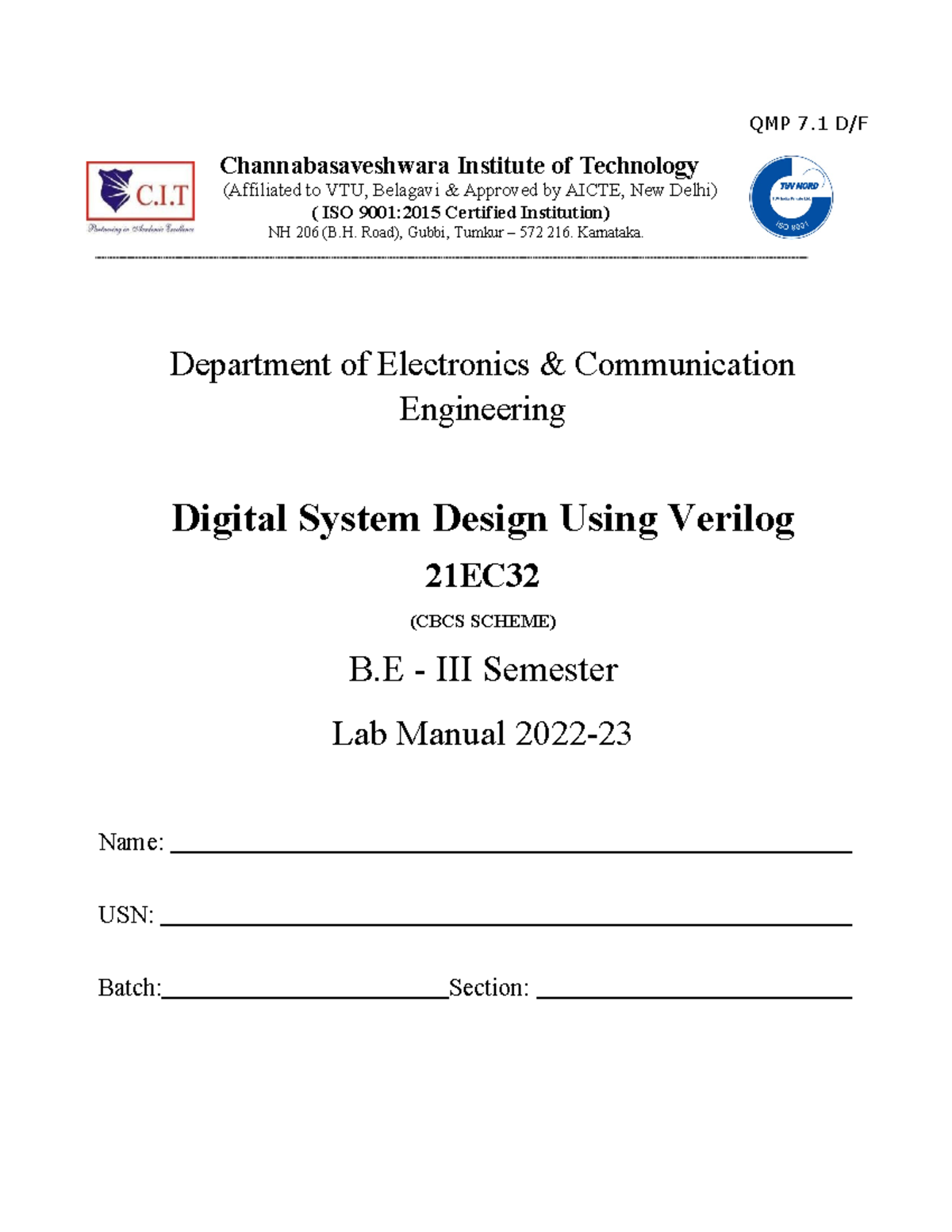 DSD Verilog Lab Manual - QMP 7 D/F Channabasaveshwara Institute of ...