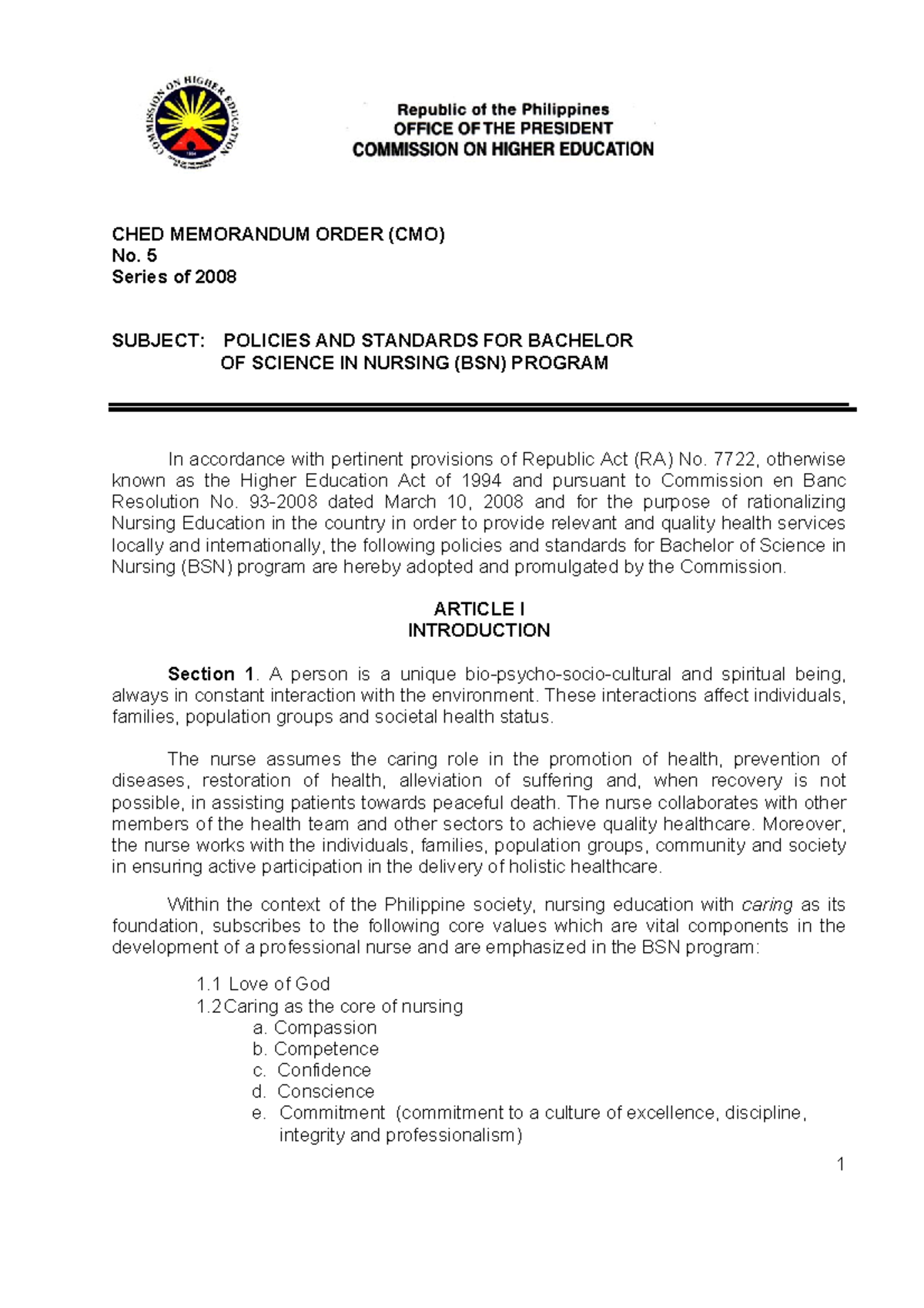 CMO-No - CMO-No for course - CHED MEMORANDUM ORDER (CMO) No. 5 Series of 2008 SUBJECT: POLICIES ...